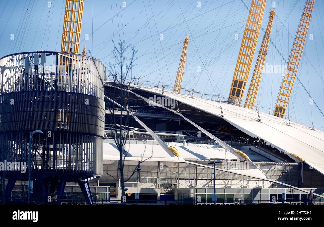 Damage to the roof of the O2 Arena, in south east London, caused by ...