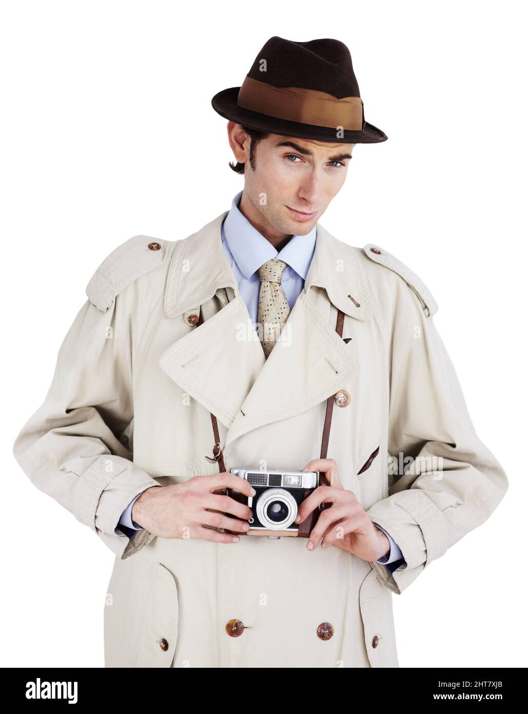 He always gets his story. Reporter holding a retro camera against a ...