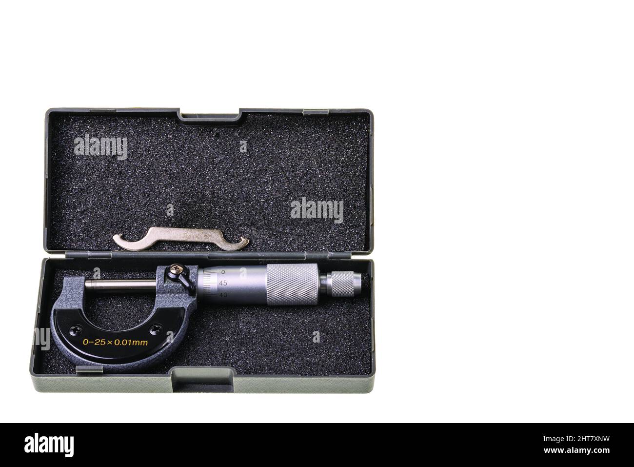 Close up view of micrometer in box isolated on white background Stock ...