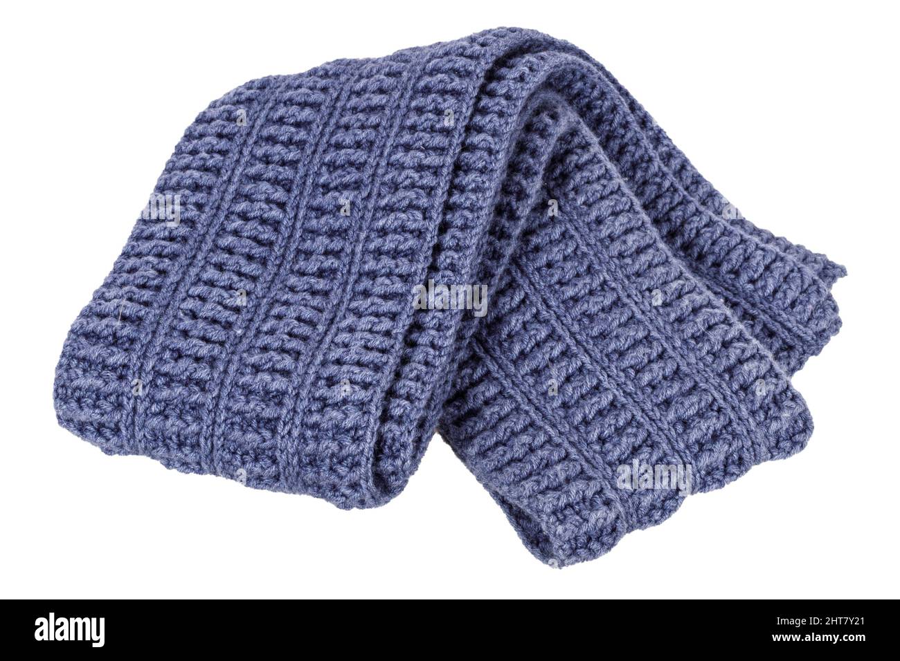 blue knitted wool scarf rolled up isolated on white background. High ...