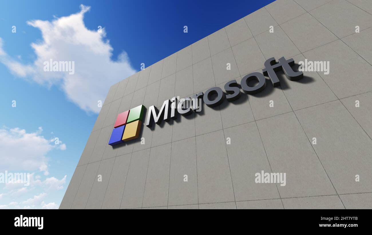 Microsoft logo on the wall, Editorial use only, 3D rendering Stock ...