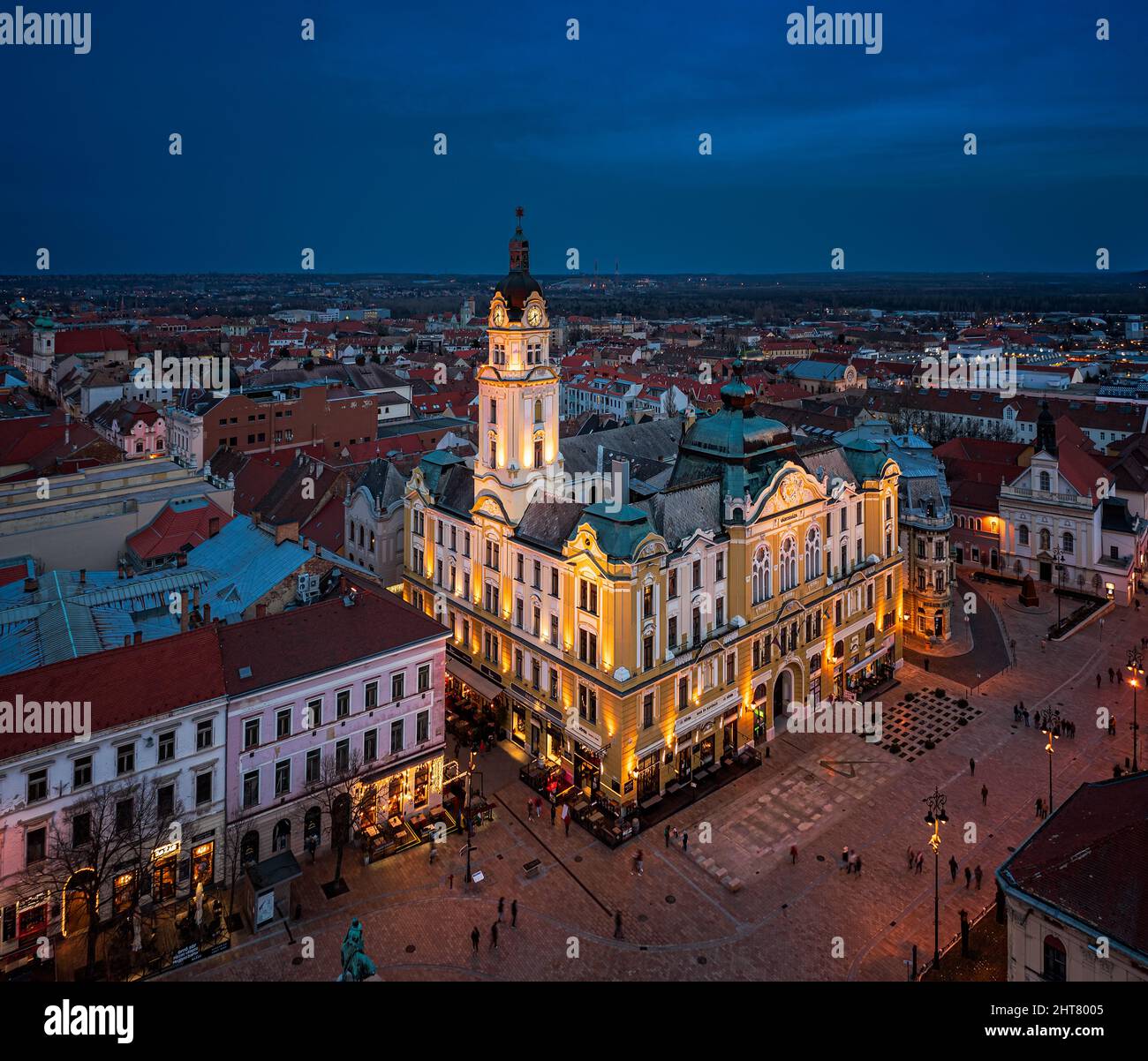 Aerial cityscape about the main square in Pecs city. City hall in this ...