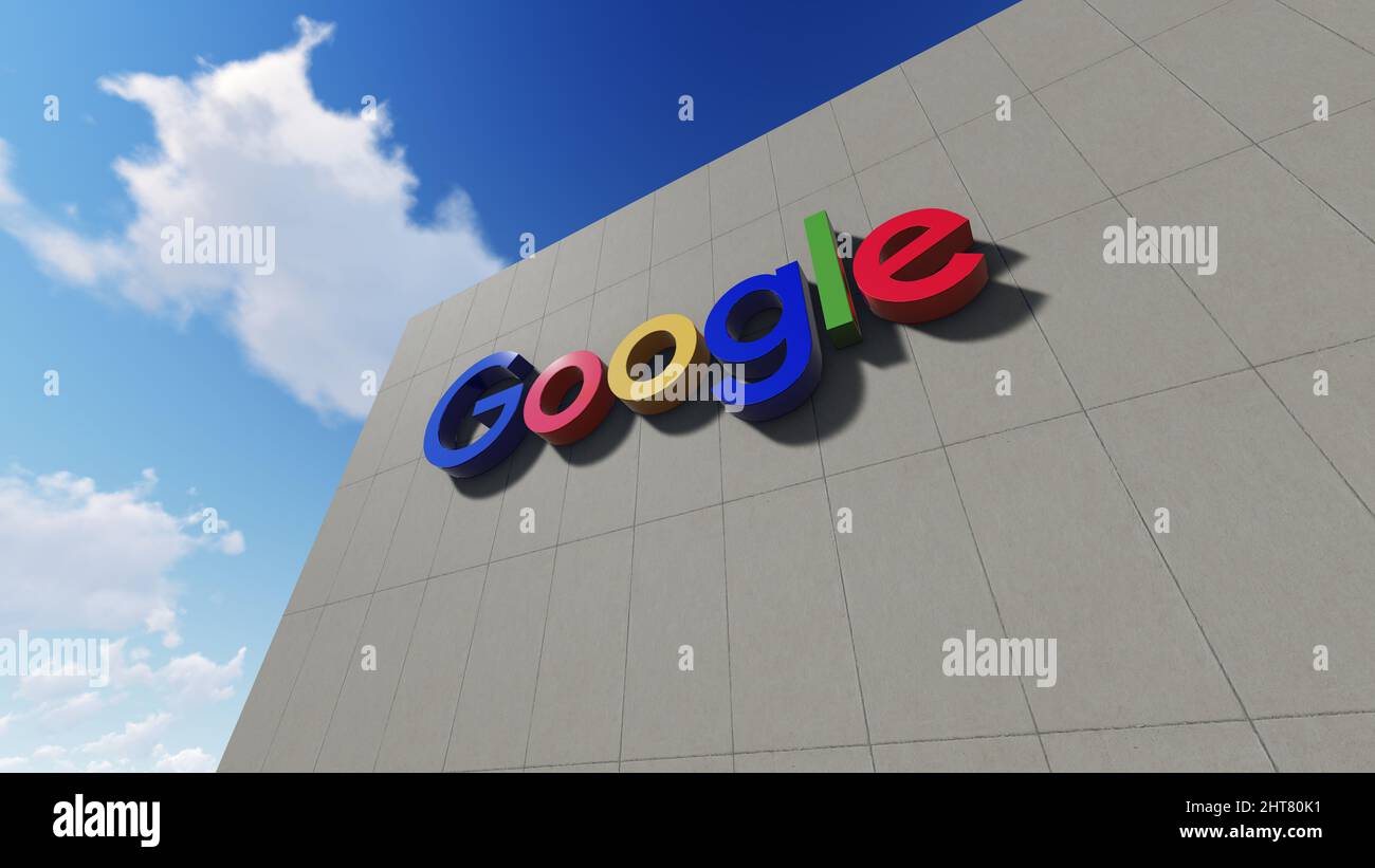 Google logo on the wall, Editorial use only, 3D rendering Stock Photo ...