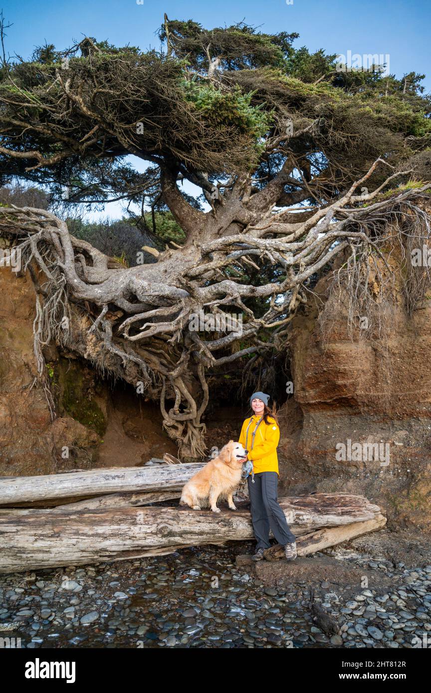 Female posing with her dog at The Tree of Life on The Olympic Coast ...