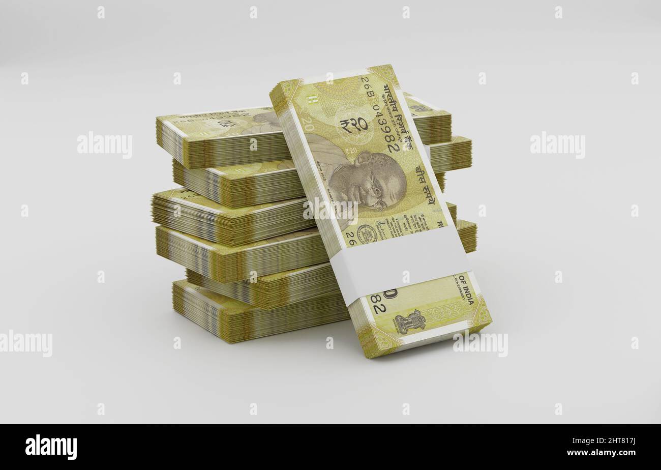 Indian Rupee 20 Currency Note Bundles - 3D Illustration Stock Photo - Alamy