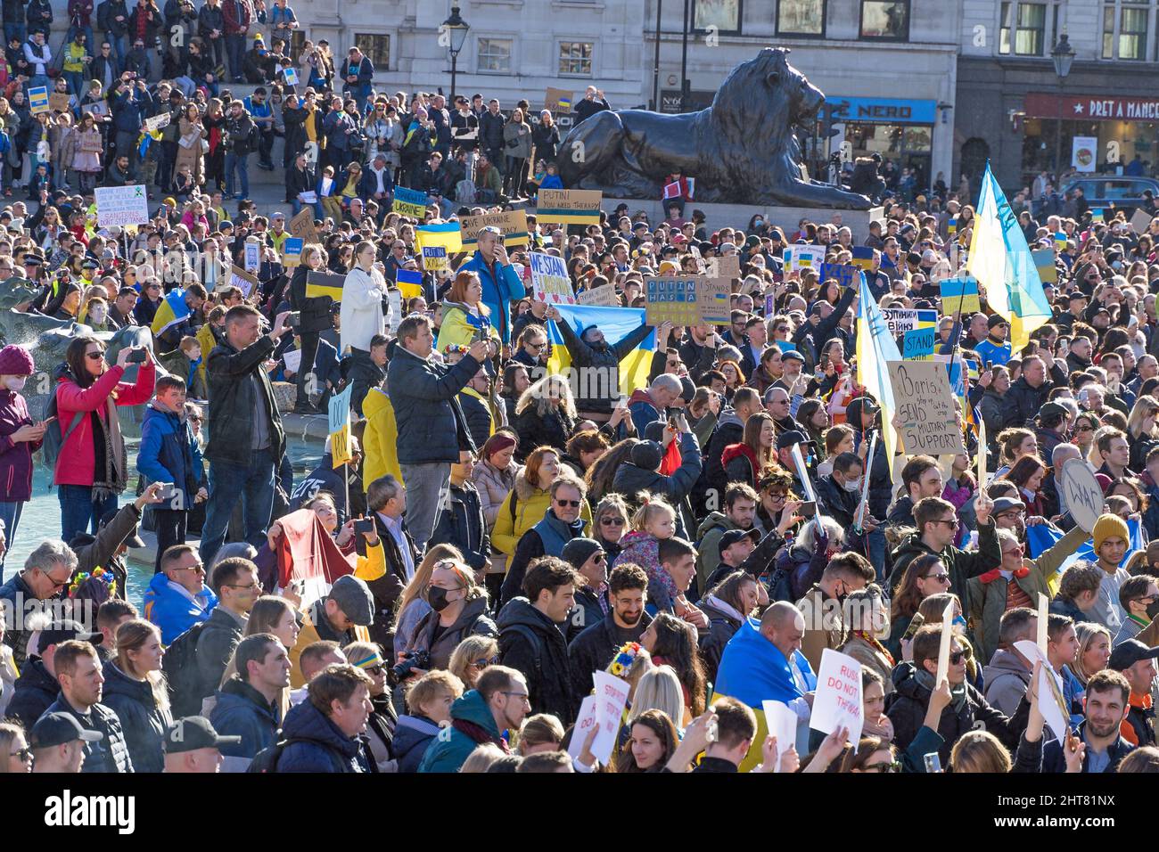 Protest against the Russian invasion of Ukraine in Trafalgar Square. A ...