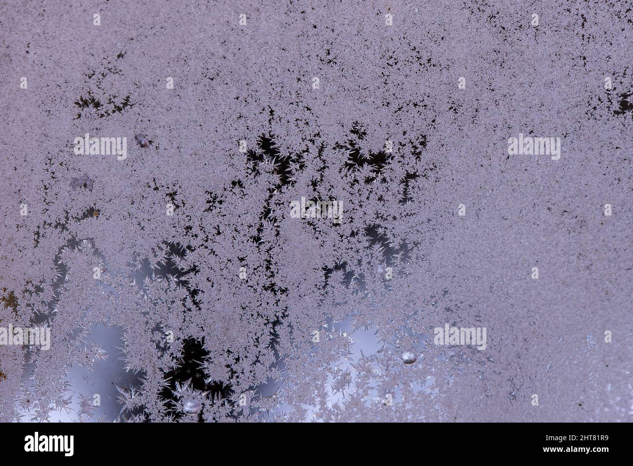 Horizontal background of a frozen window with beautiful snowflake ...