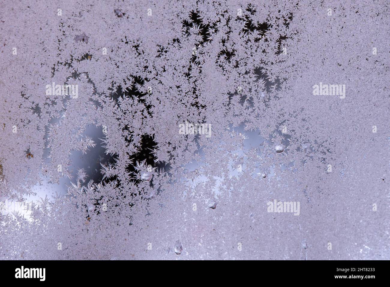 Horizontal background of a frozen window with beautiful snowflake ...