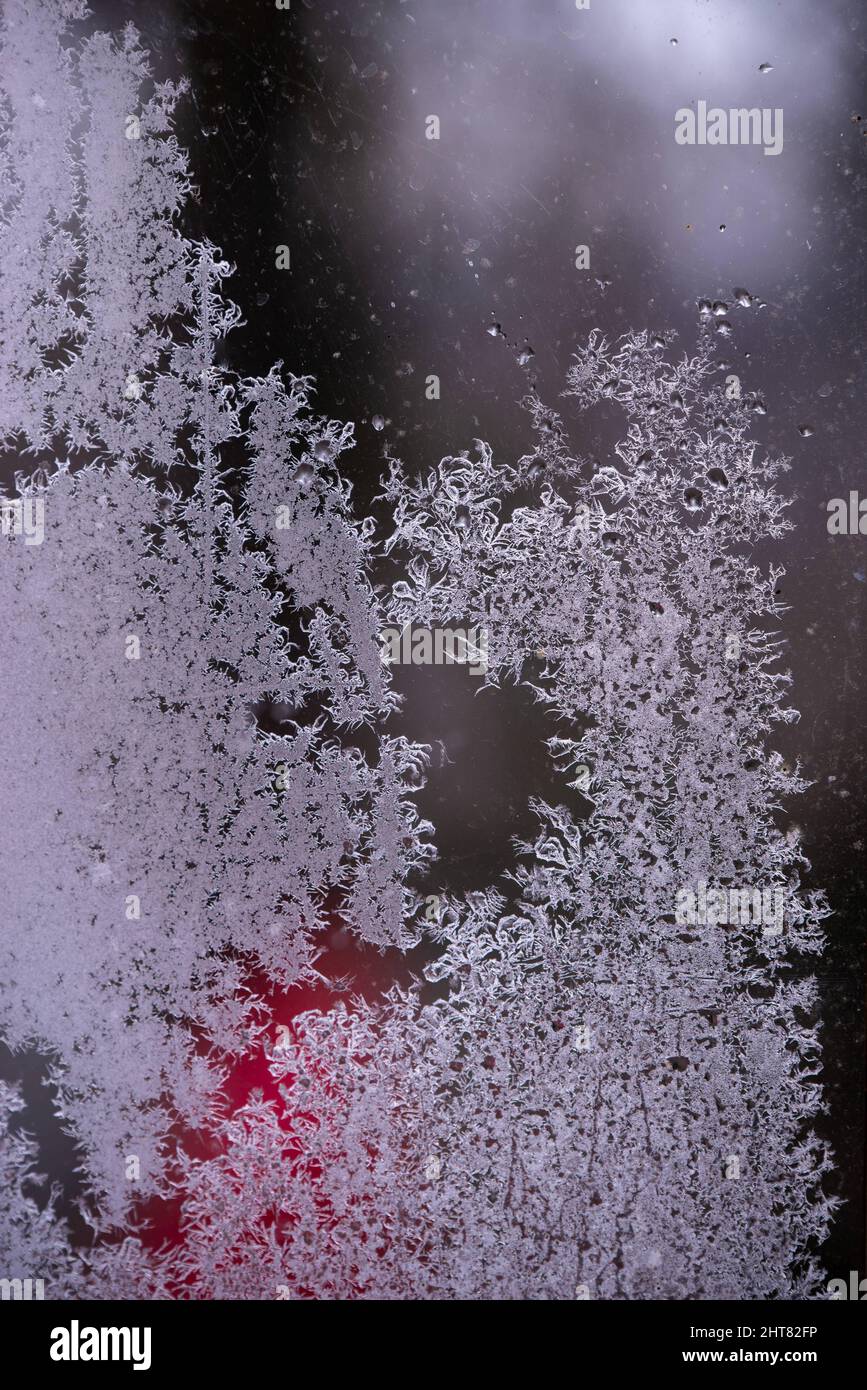 Vertical background of a frozen window with beautiful snowflake ...