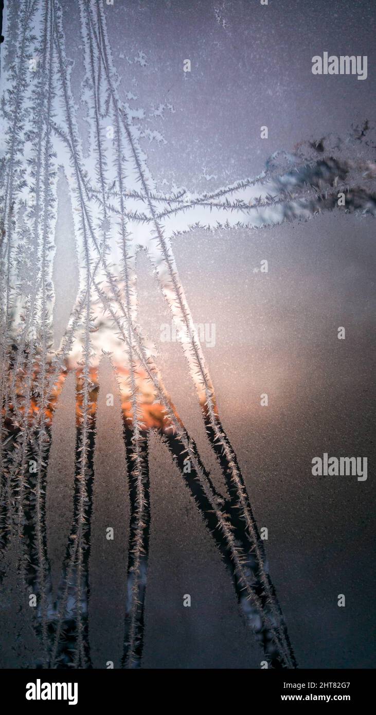 Vertical background of a frozen window with beautiful snowflake ...