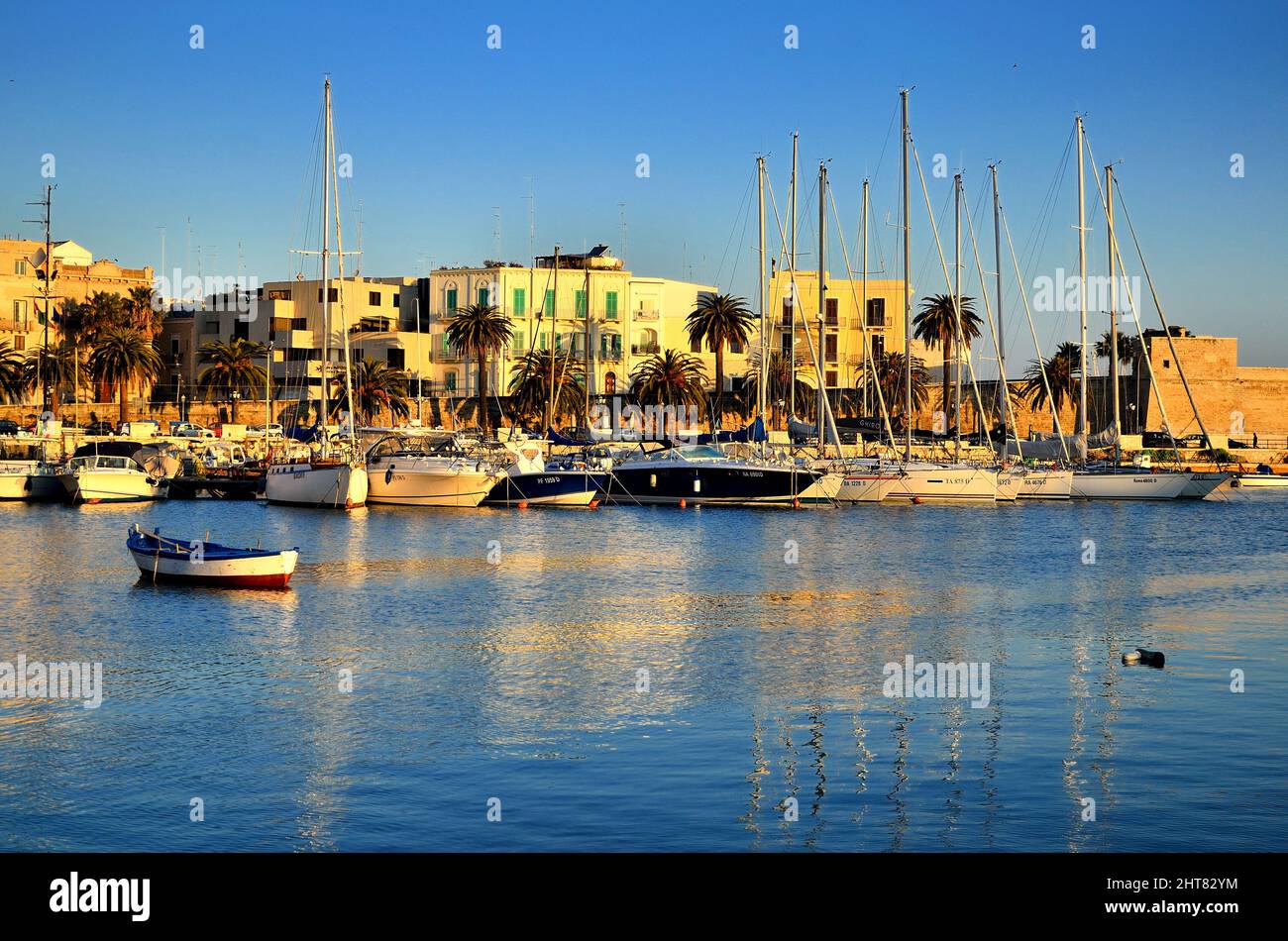 Beautiful view of the harbor with boats in the city of Bari, Italy ...