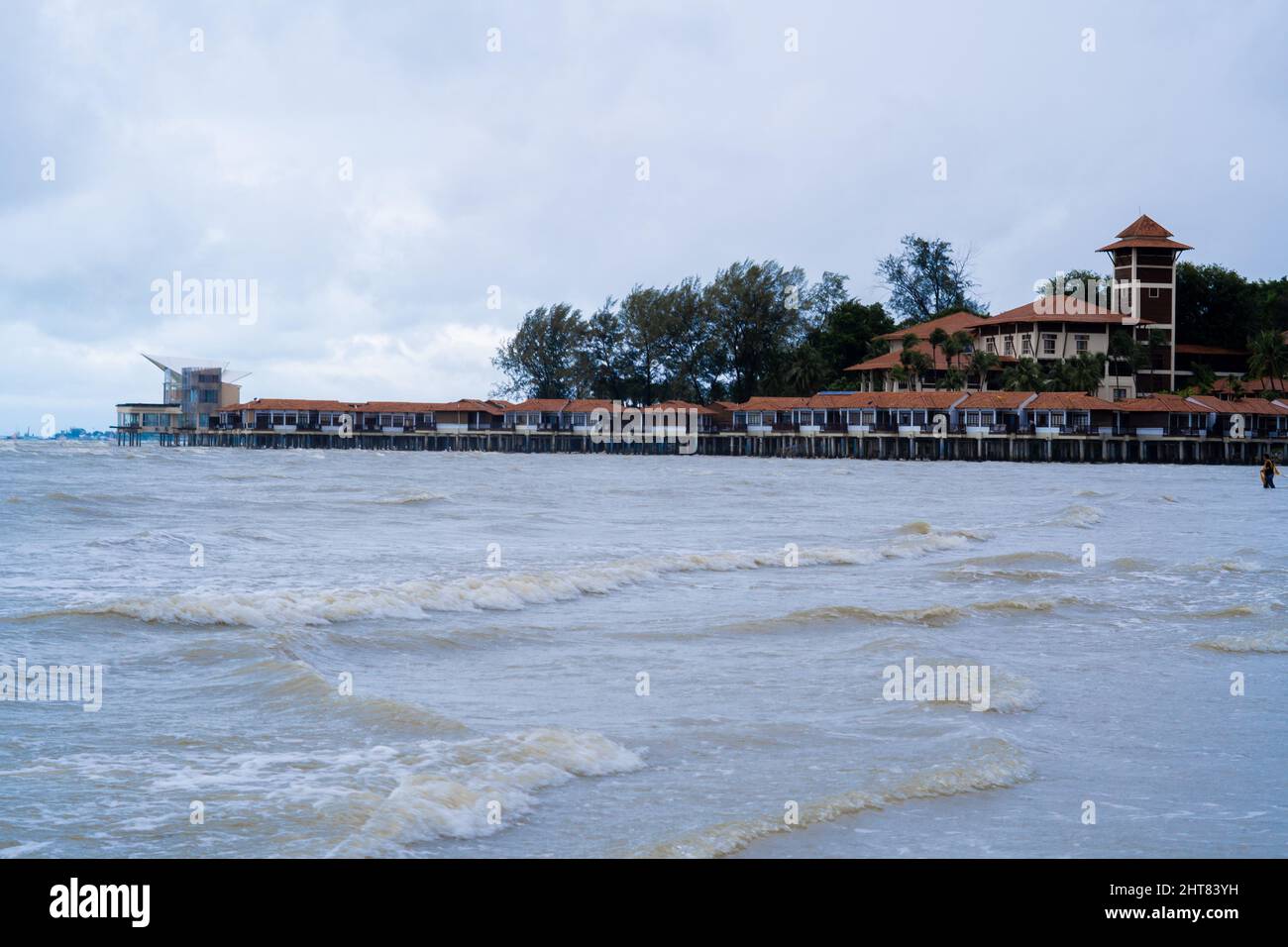 Closeup of hotels built on water in Port Dickson beach, Negari Sembilan ...