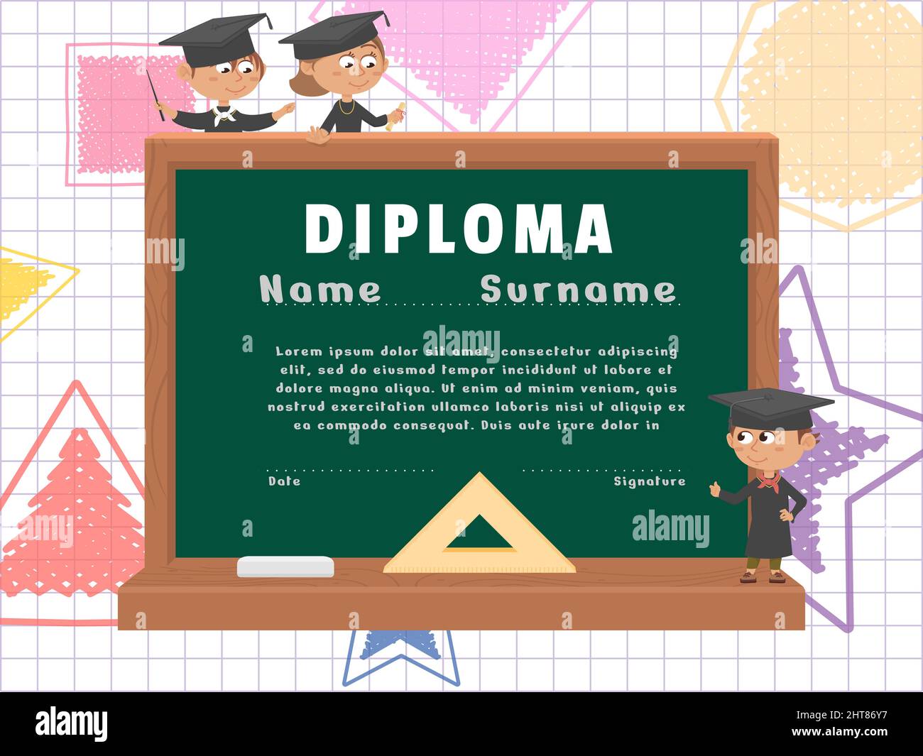 Graduate kids diploma. Student congratulation, cute cartoon children ...