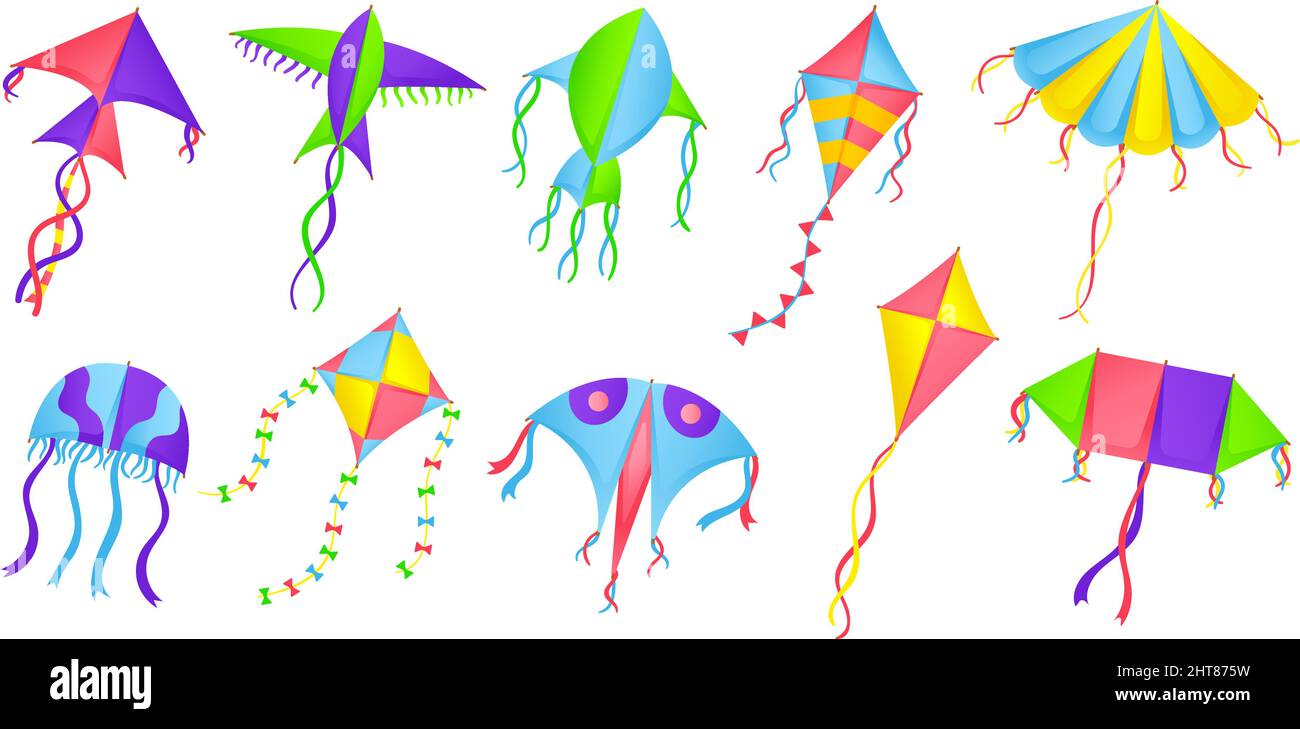 Cartoon kite. Colorful kites, isolated free wind toys. Kiting, flying ...