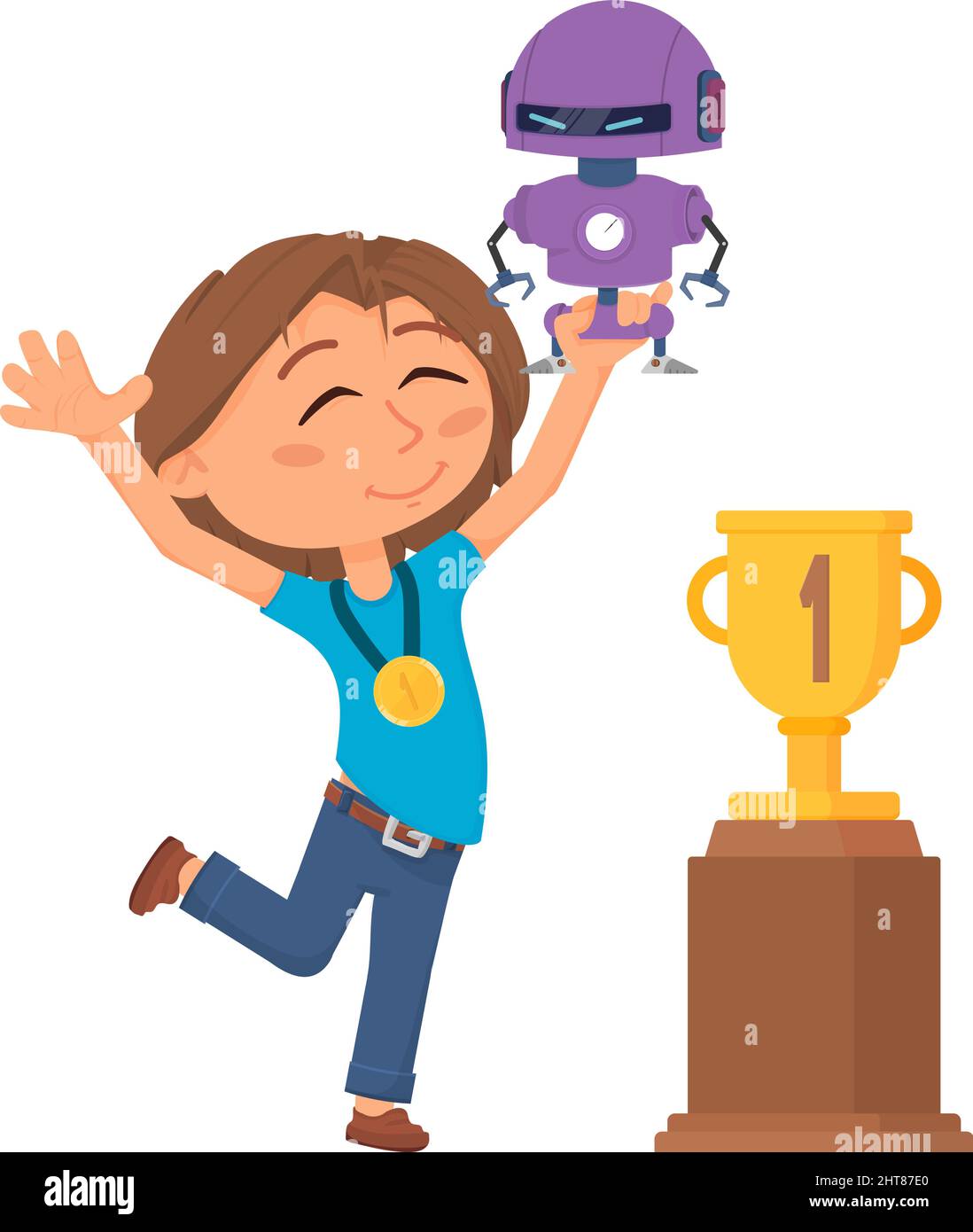 Child and robot. Winner with golden cup and medal. Happy boy win in ...