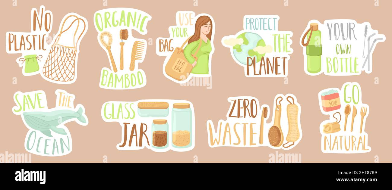 Zero waste stickers. Bamboo kitchen items, ocean and earth clean ...
