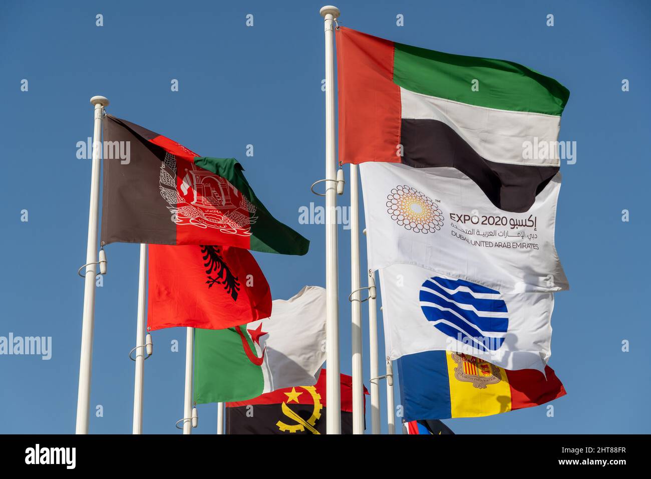 Many world flags flying in a row outside of expo center in 2020 waving ...