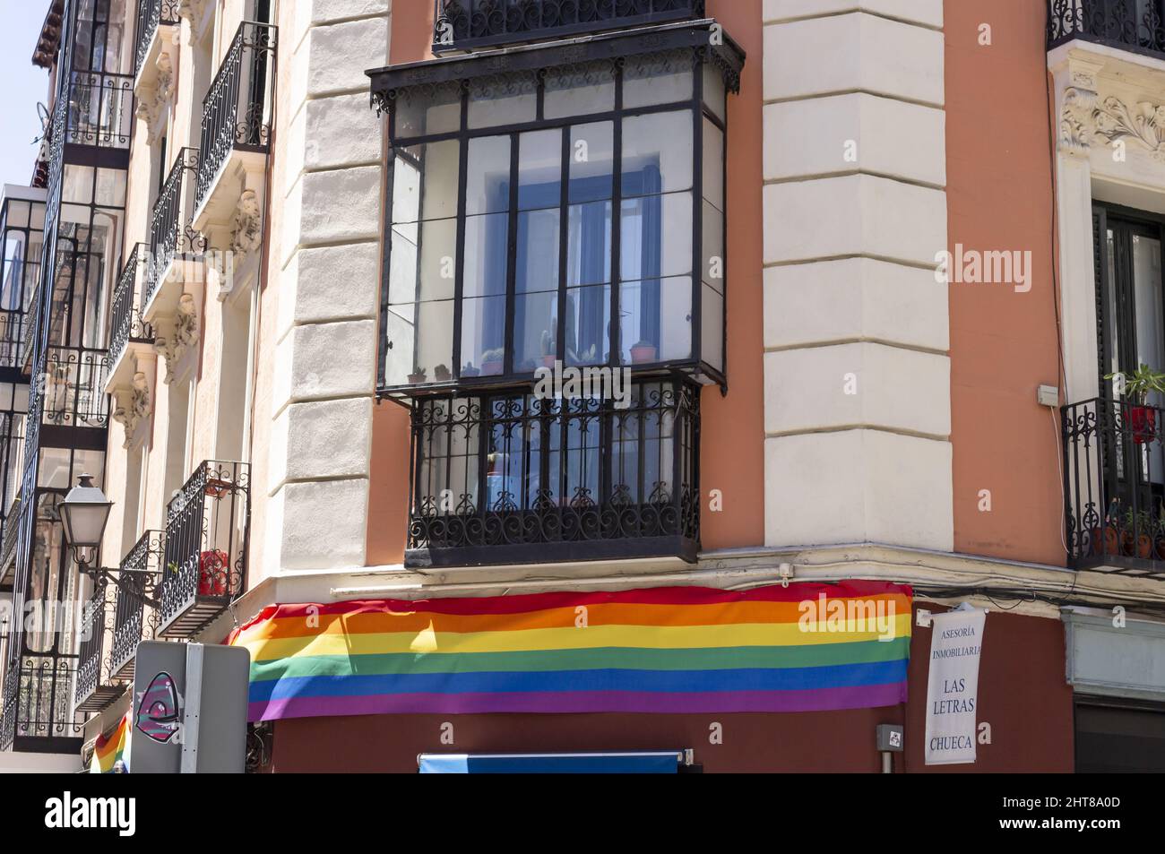 Closeup of the Chueca neighborhood in Madrid, decorated during gay ...