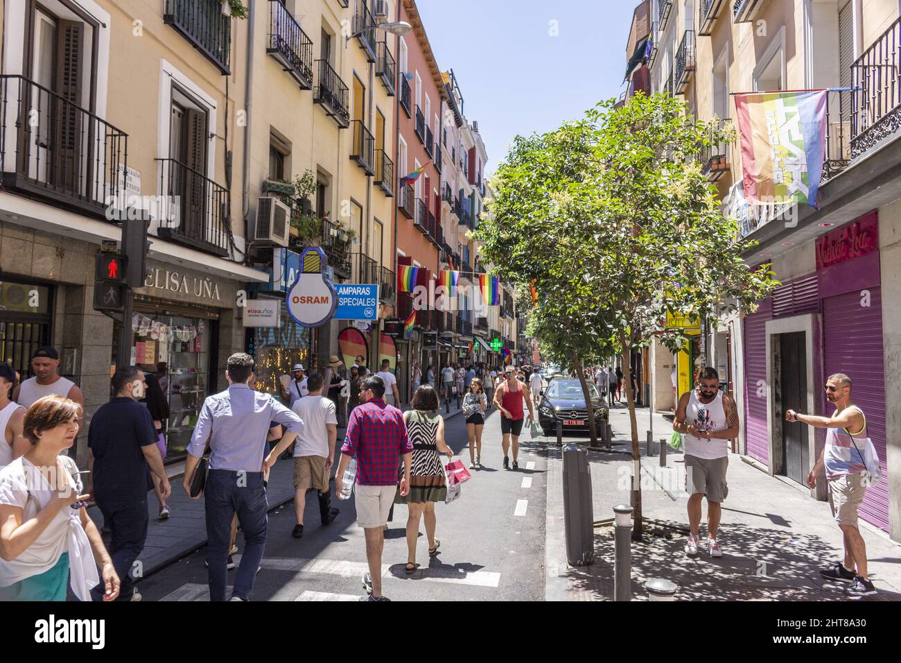 Closeup of the Chueca neighborhood in Madrid, decorated during gay ...