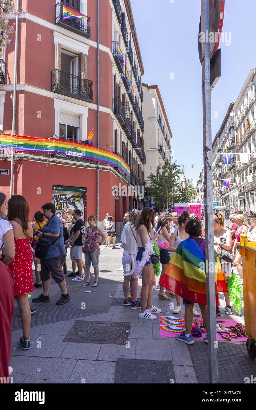 Closeup of the Chueca neighborhood in Madrid, decorated during gay ...