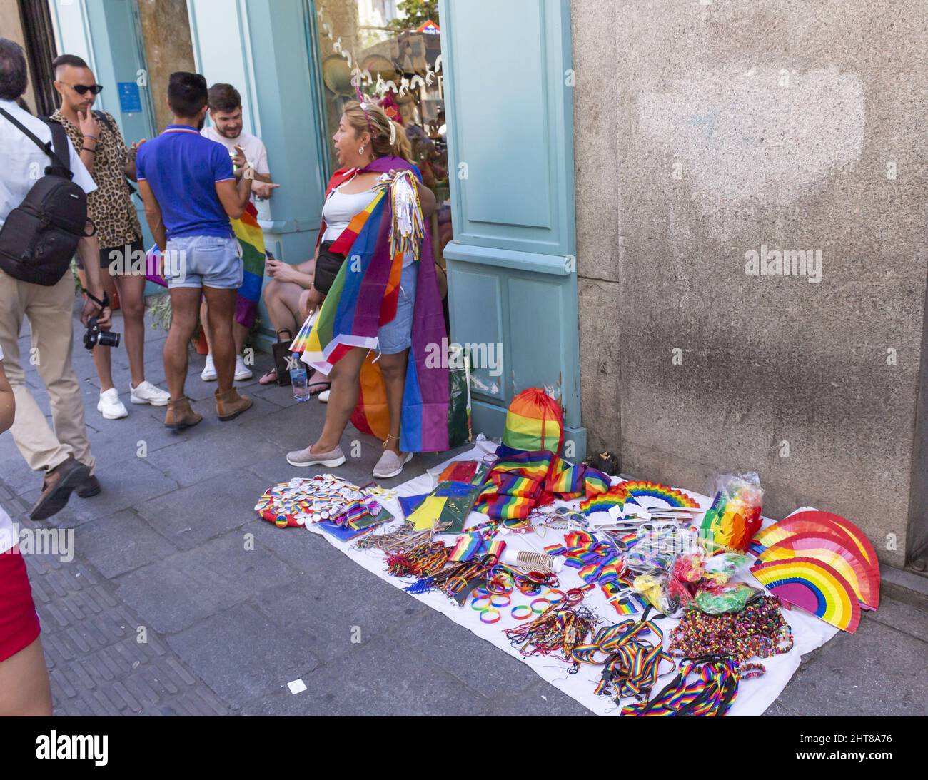 Closeup of the Chueca neighborhood in Madrid, decorated during gay ...