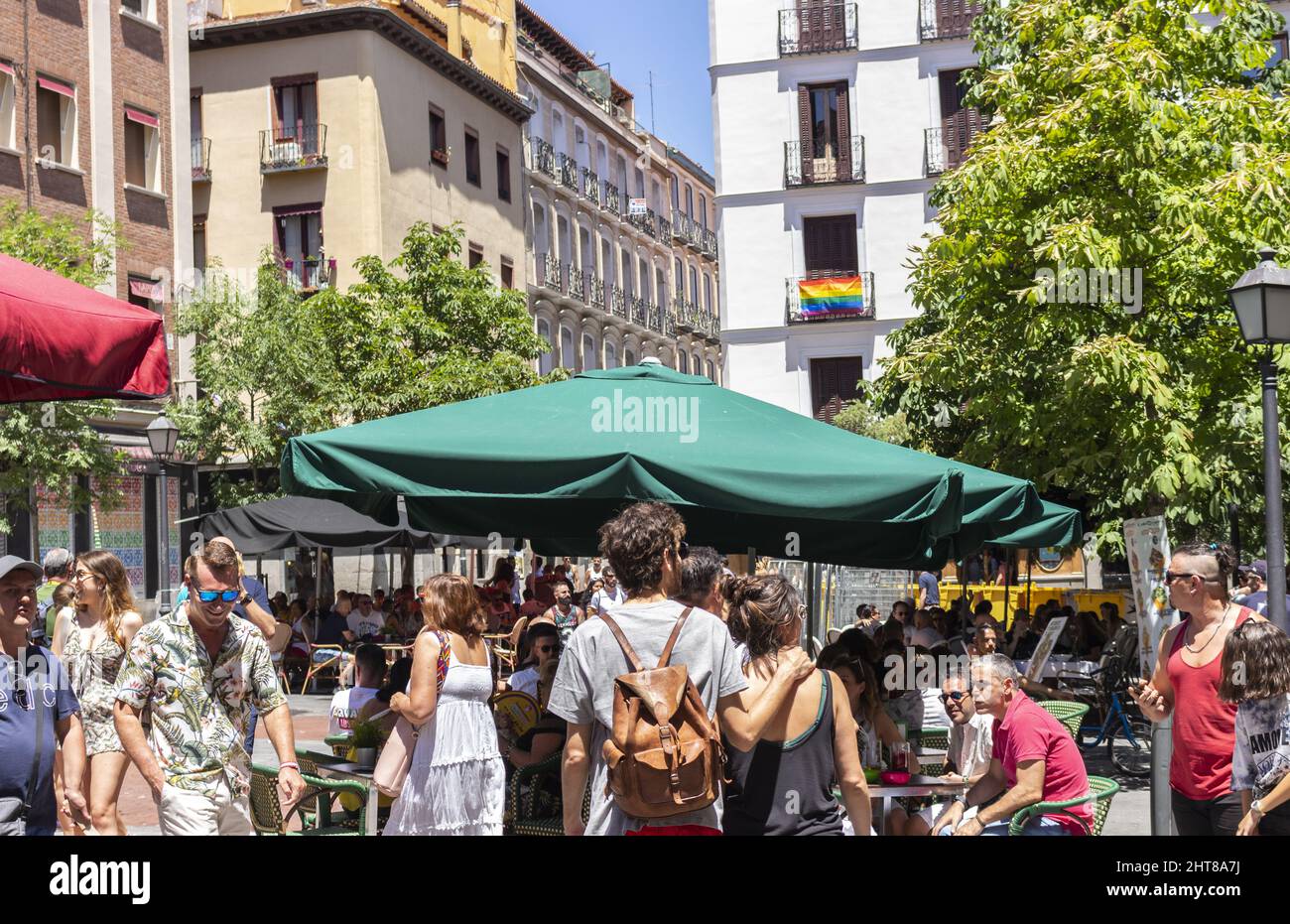 Closeup of the Chueca neighborhood in Madrid, decorated during gay ...