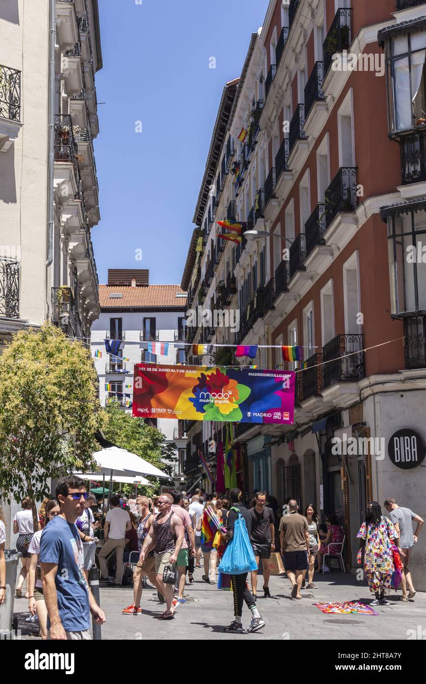 Closeup of the Chueca neighborhood in Madrid, decorated during gay ...