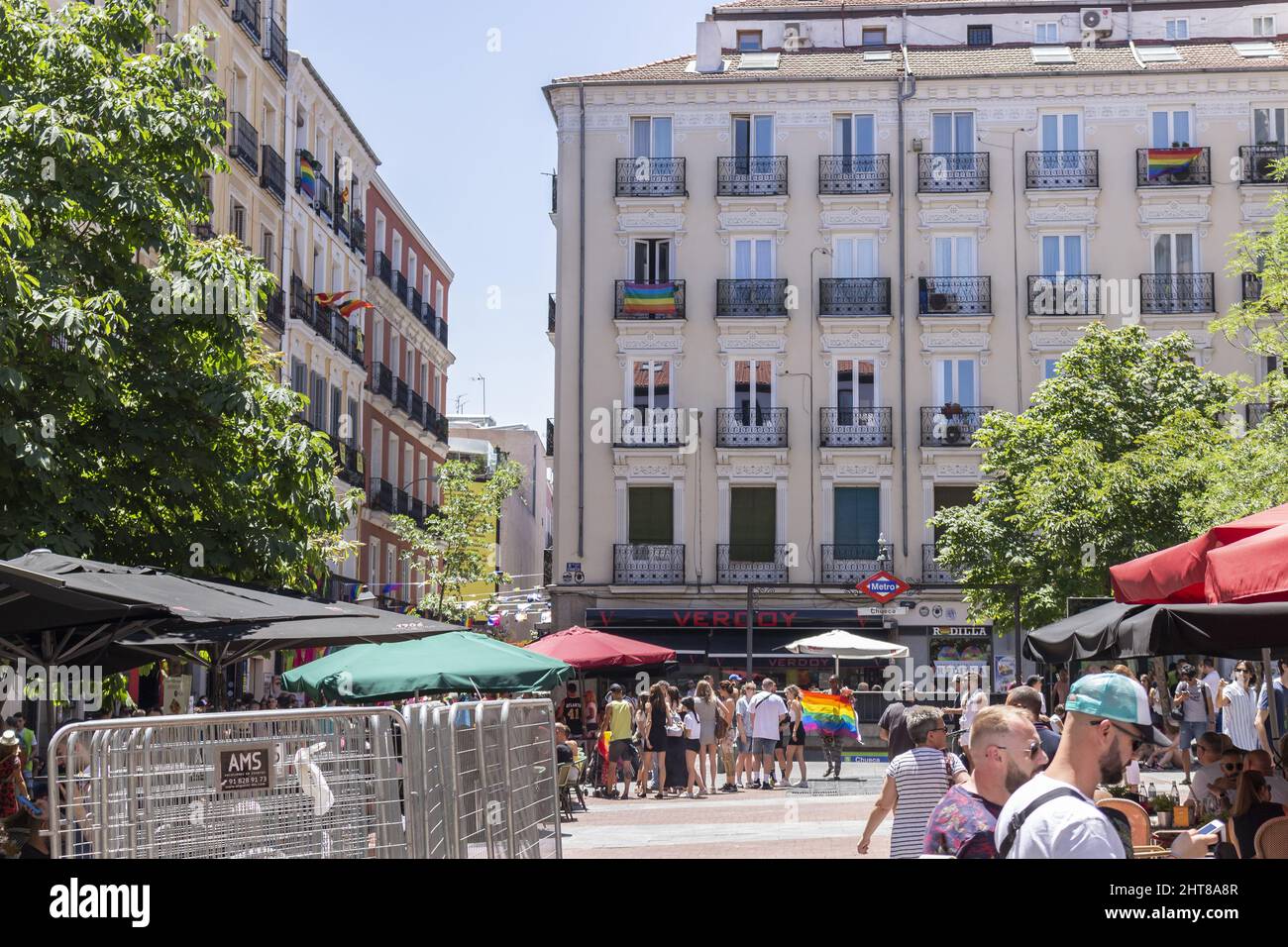 Closeup of the Chueca neighborhood in Madrid, decorated during gay ...