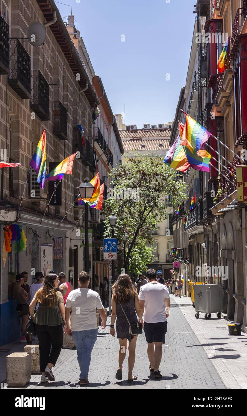 Closeup of the Chueca neighborhood in Madrid, decorated during gay ...