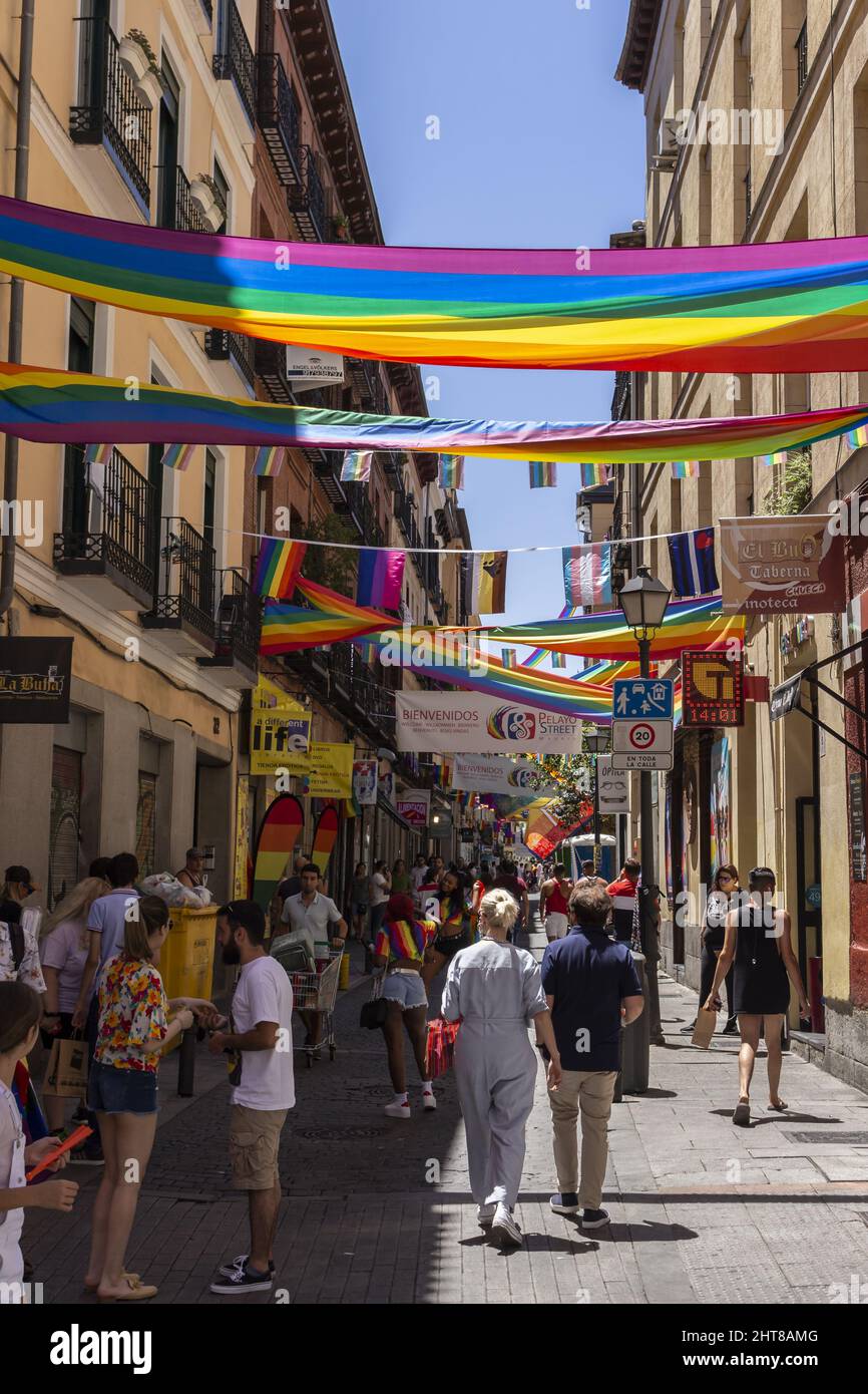 Closeup of the Chueca neighborhood in Madrid, decorated during gay ...