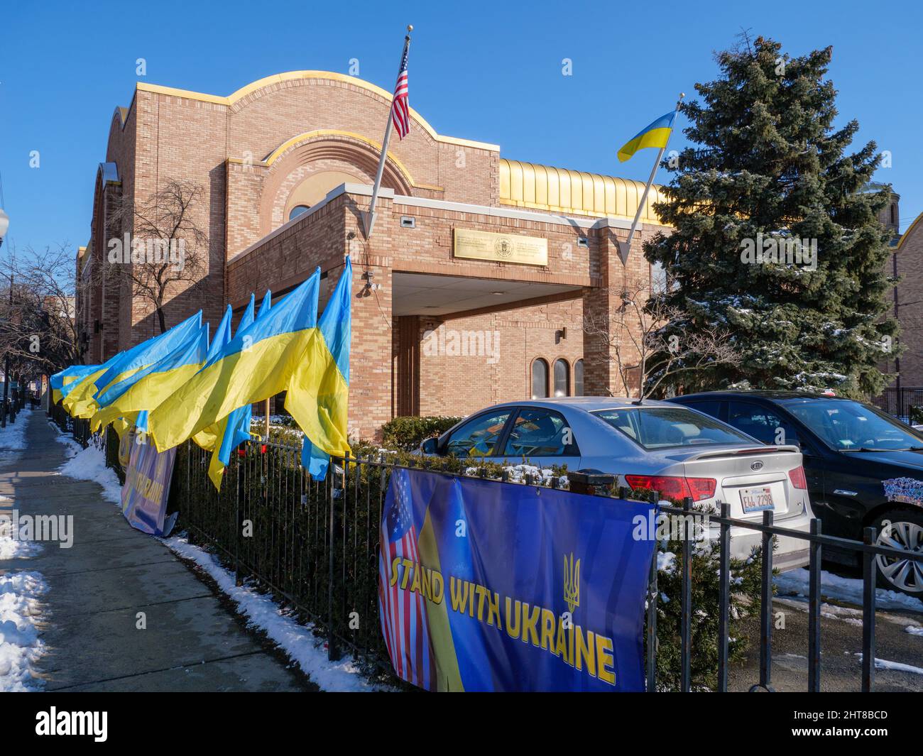 Ukrainian flags line Chicago Avenue outside the Ukrainian Cultural ...