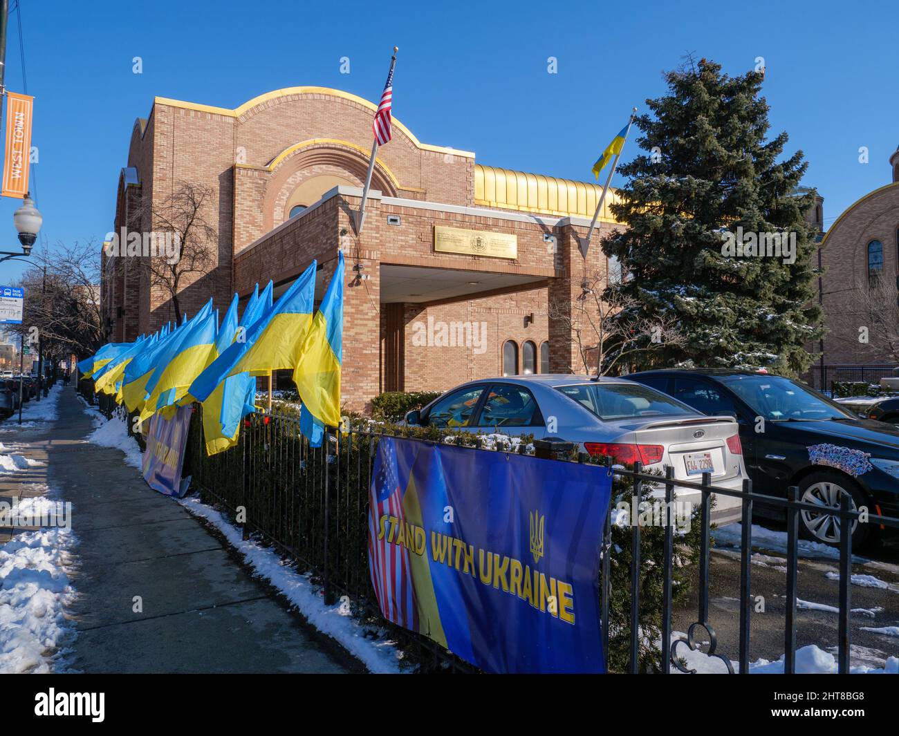 Ukrainian flags line Chicago Avenue outside the Ukrainian Cultural ...
