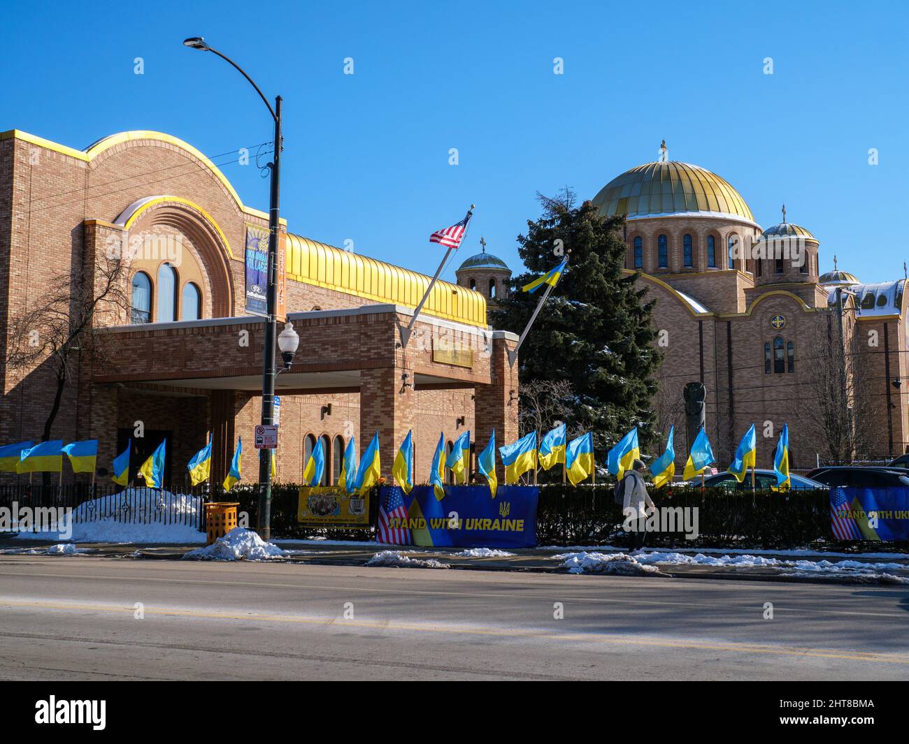 Ukrainian flags line Chicago Avenue outside the Ukranian Cultural ...