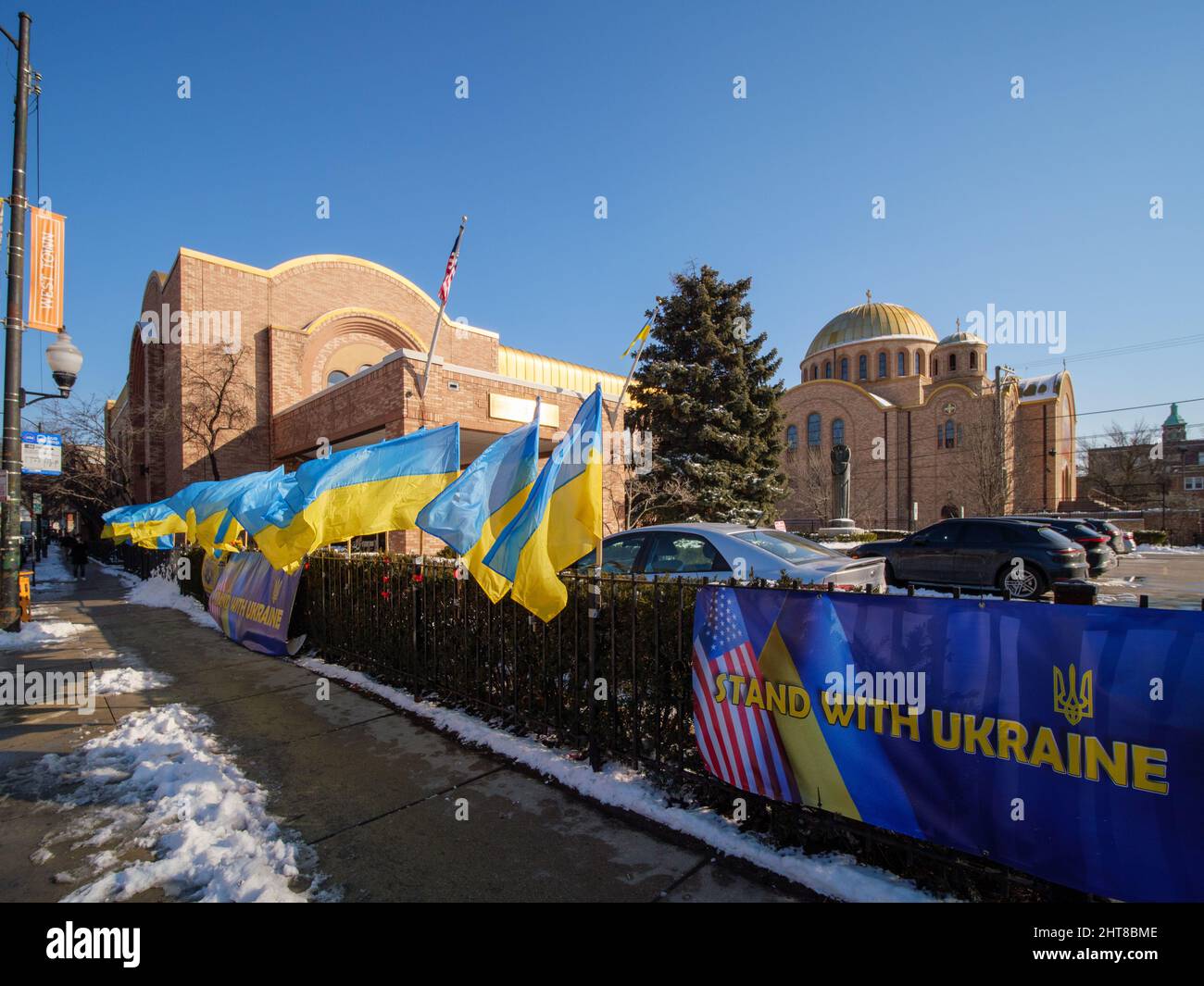 Ukrainian flags line Chicago Avenue outside the Ukrainian Cultural ...