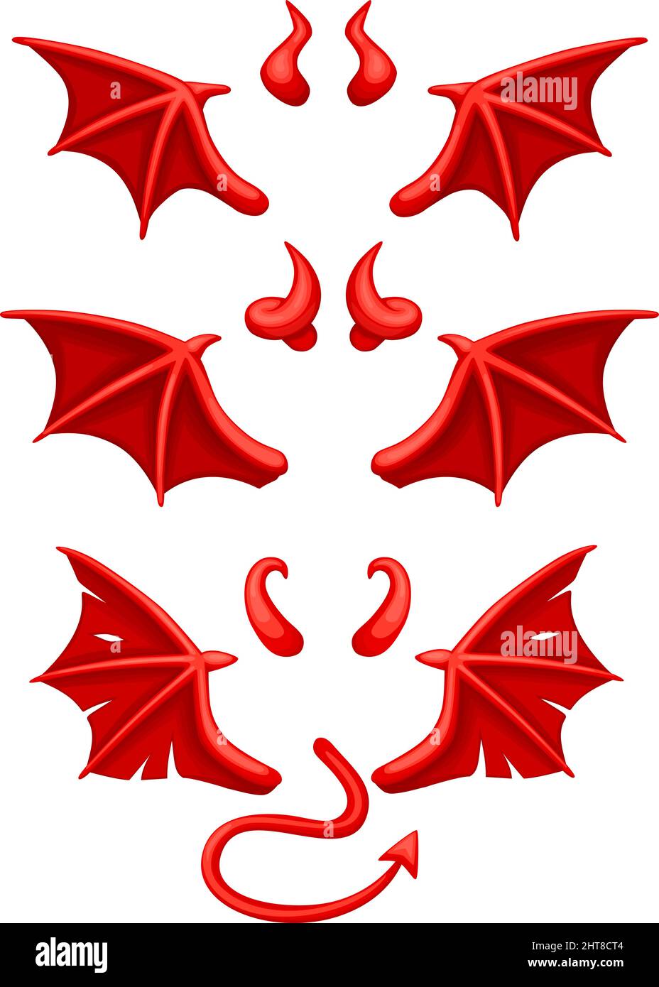 Cartoon devil wings. Tail demon monster horns, red evil wing, hell ...