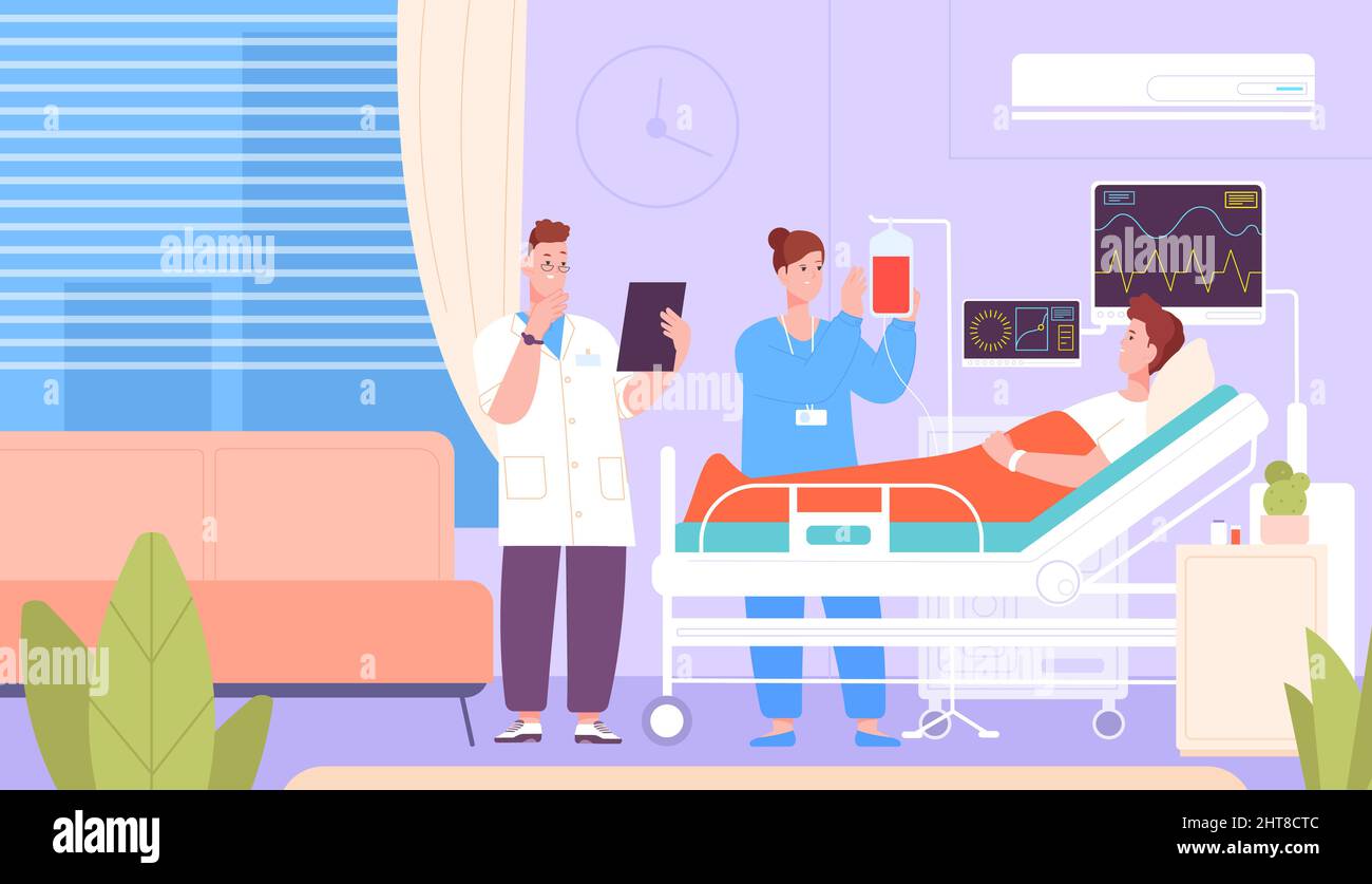 Visiting hospitalized sick in bed. Doctor nurse nursing sick patient ...