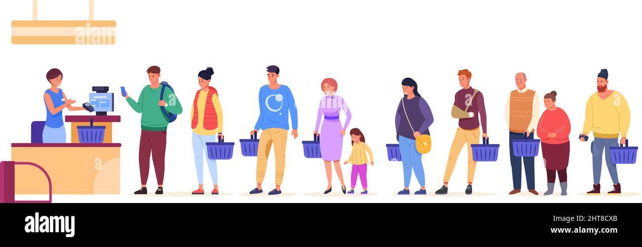 Queue store customers. Standing people at counter cashier in ...