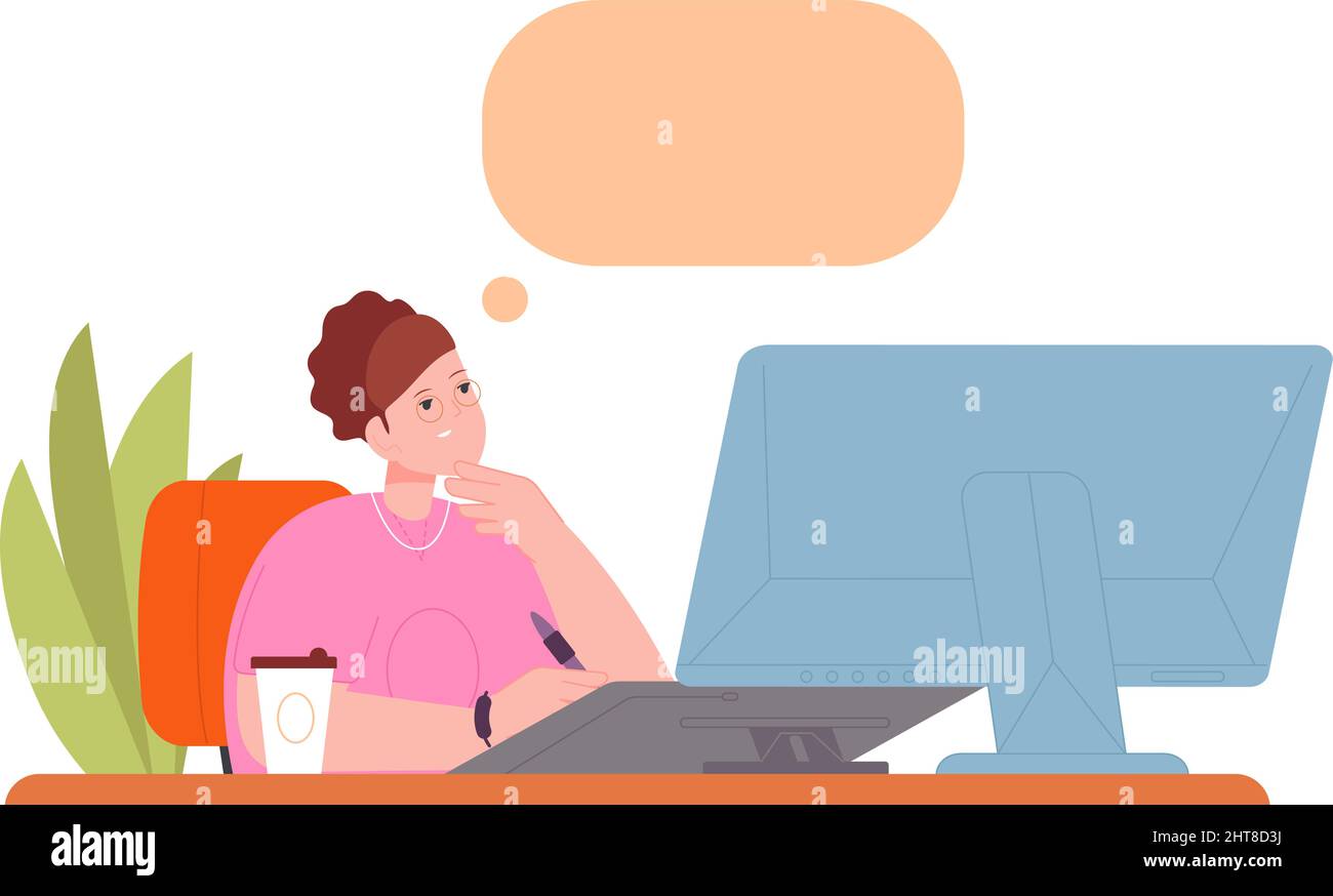 Woman dreaming at workplace. Thoughtful inspirational girl with tablet ...