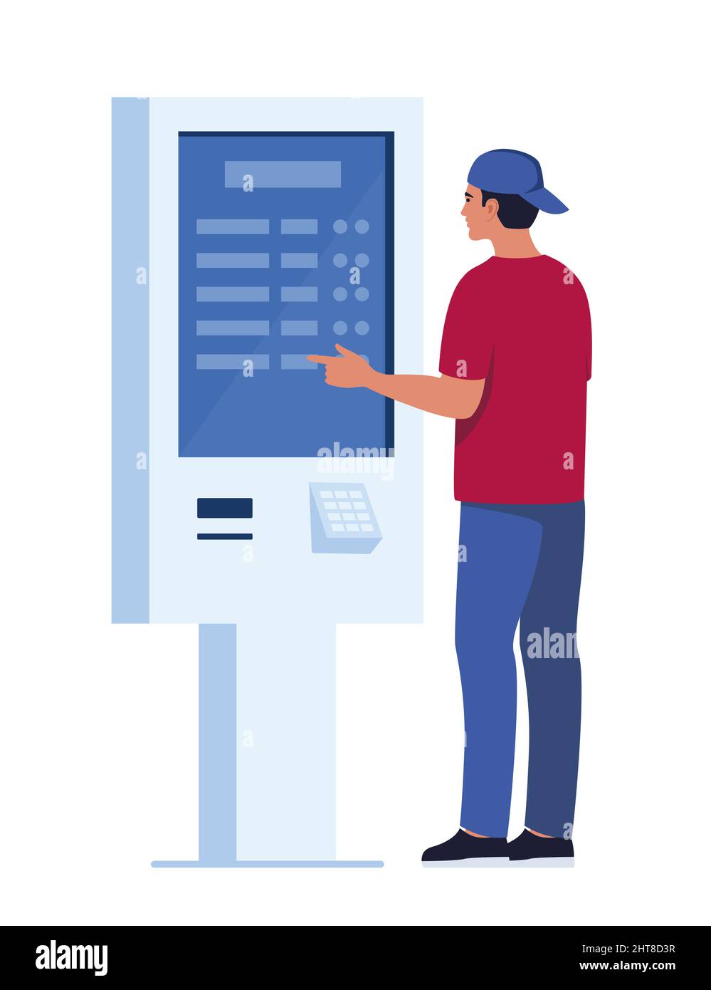 Man using self-service payment and information electronic terminal with touch screen. Vector ...
