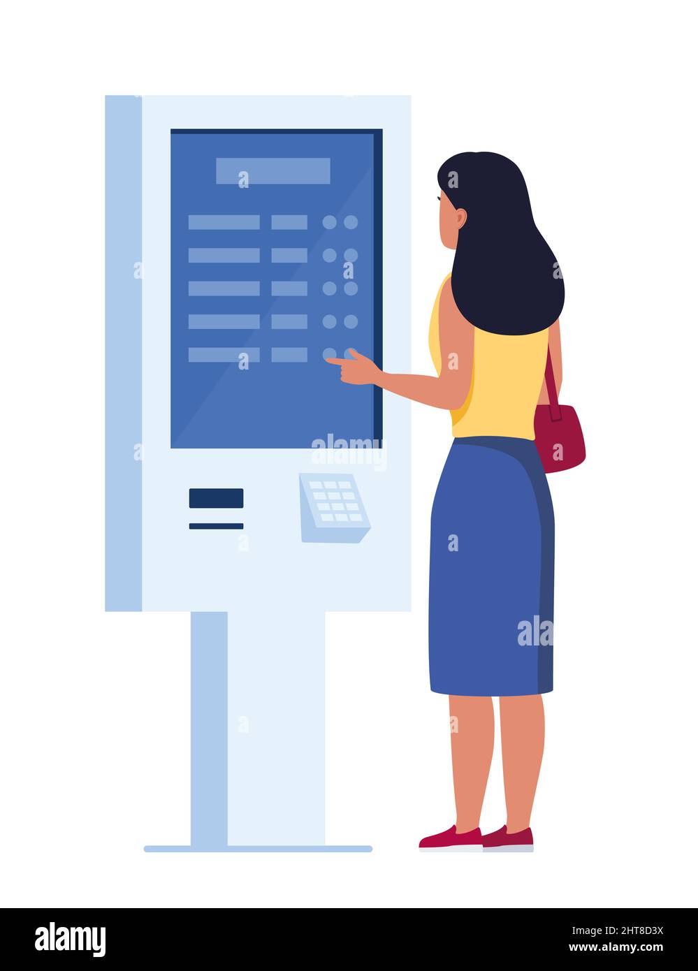 Woman using self-service payment and information electronic terminal with touch screen. Vector ...