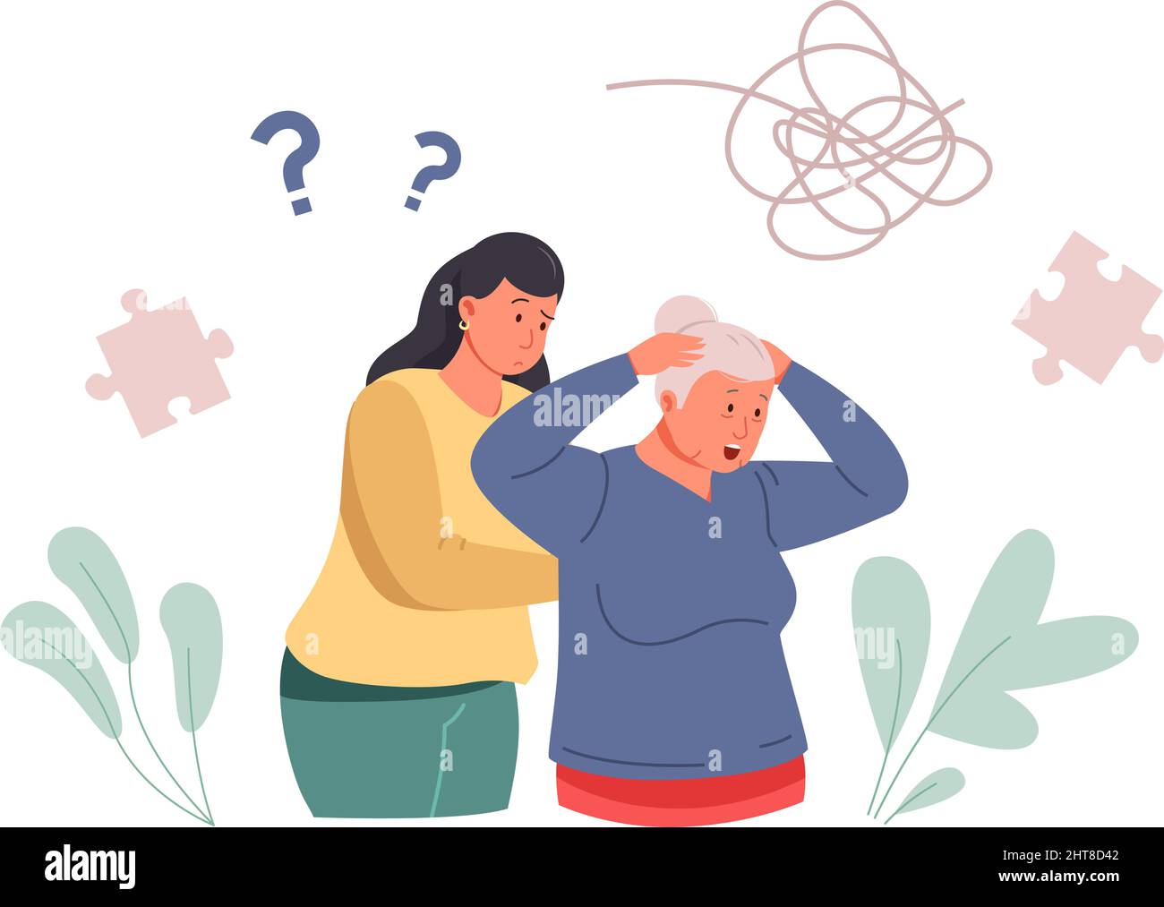 Woman alzheimer. Caregiver with elder grandma dementia, loss memory aged people, confused ...