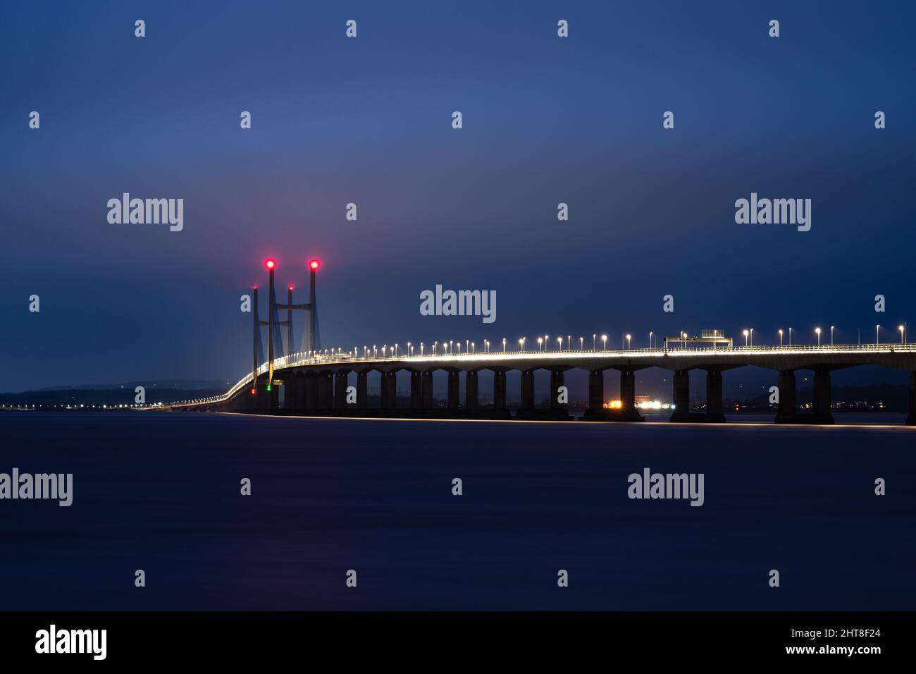 The M4 Second Severn Crossing bridge is lit at night on the Severn ...
