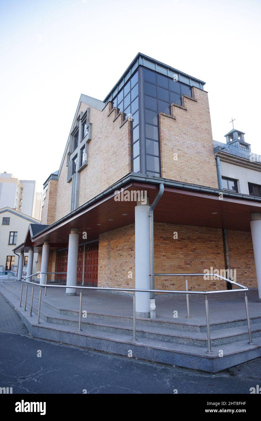 Closeup of the exterior of a Catholic church building in the Orla ...