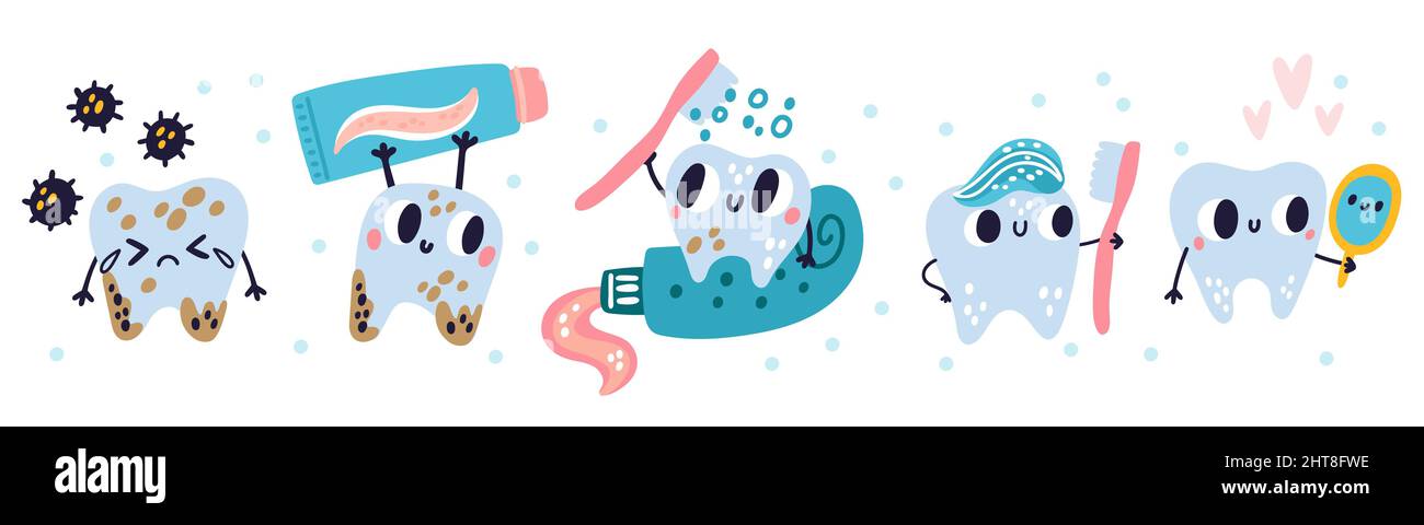 Cleaning teeth steps. Cartoon tooth character washes. Oral care ...