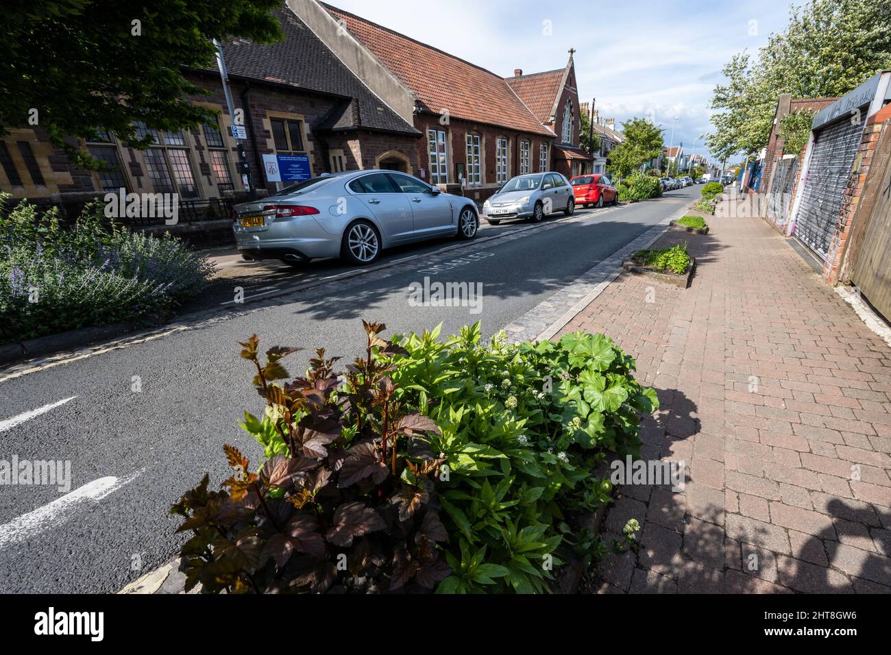 Plant borders form a traffic calming pinch point on Stackpool Road ...