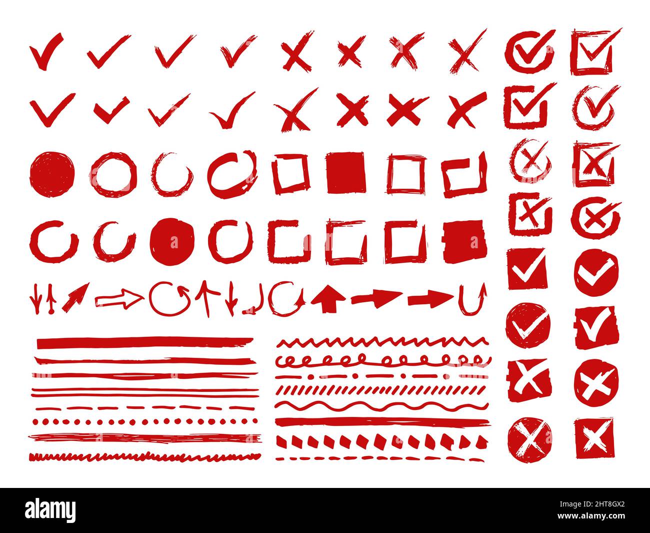 Doodle check mark and underline signs. Hand drawn red arrows, crosses ...