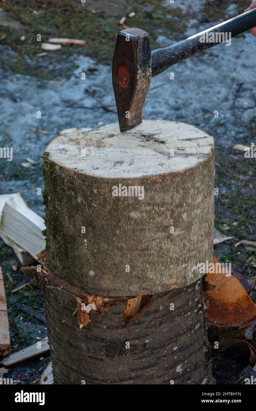 Chopping firewood with an ax Stock Photo - Alamy