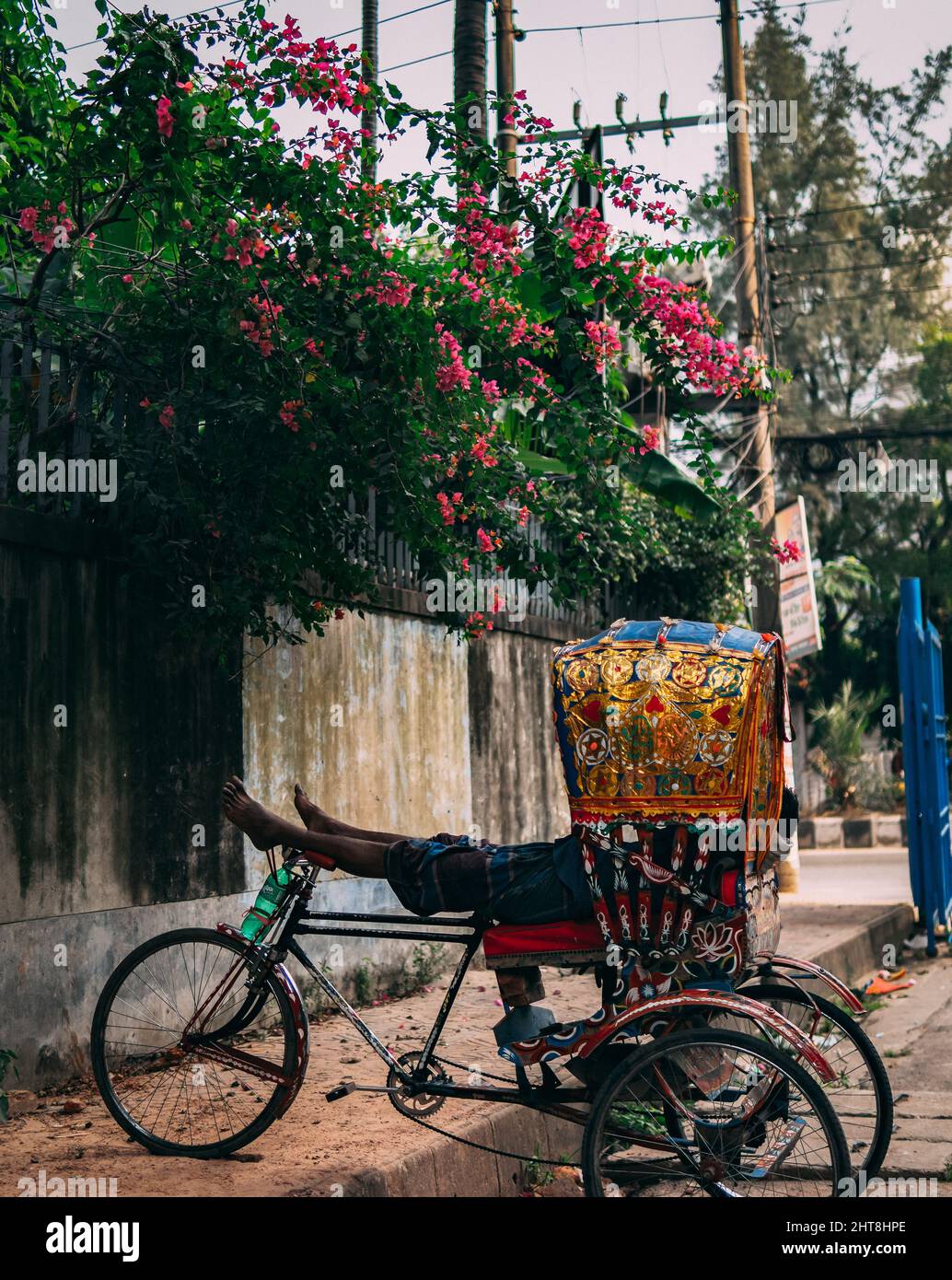 Driver lying on his rickshaw in a street Stock Photo - Alamy