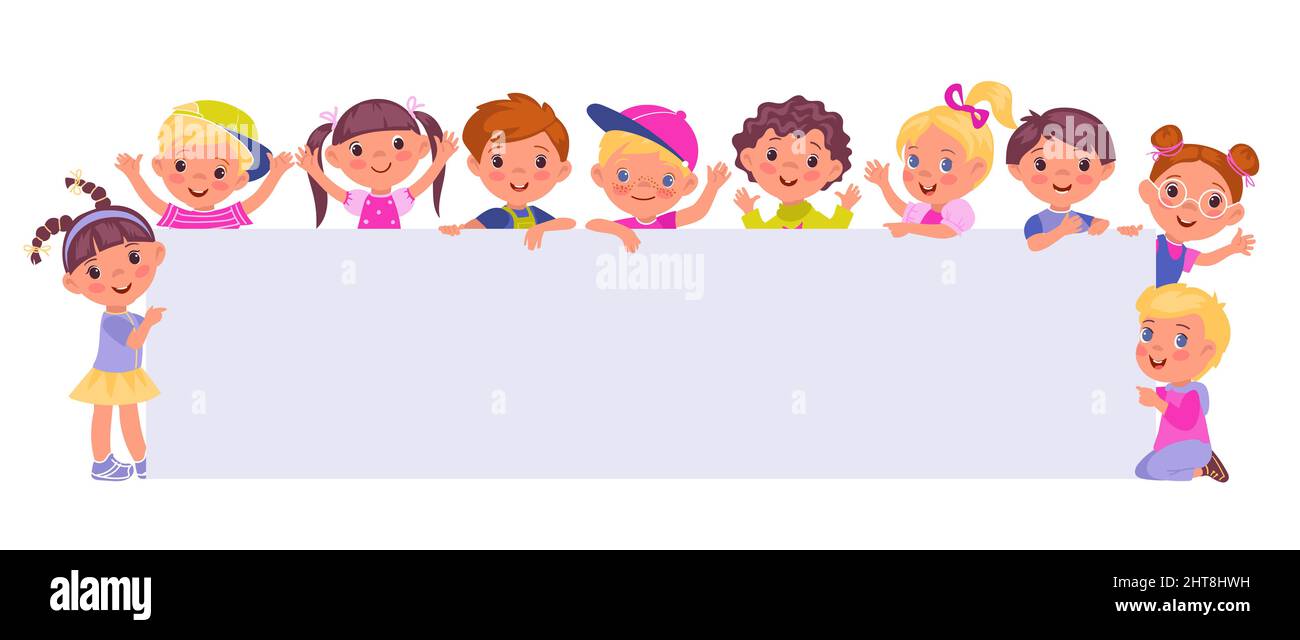 Kids holding big poster. Funny children hold long blank banner. Place ...