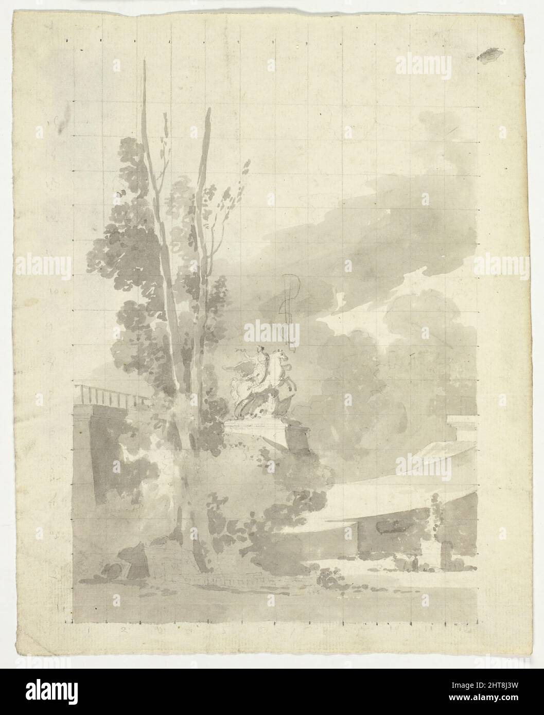 View of the Park at Versailles: Terrace, Trees and Equestrian Statue, n ...